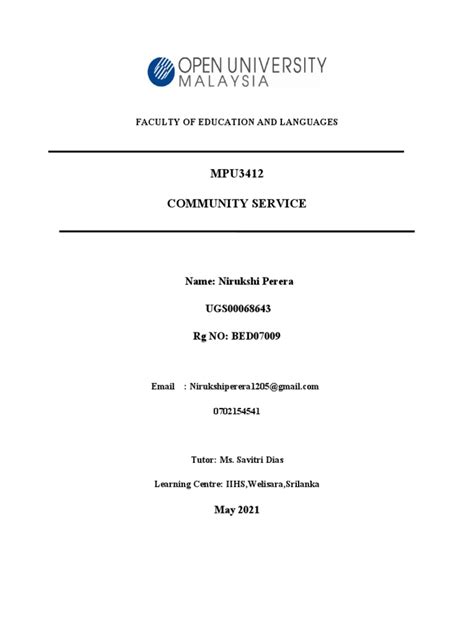 Community Service Assignment Bed07009 Nirukshi Perera Pdf