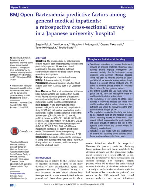 Pdf Bacteraemia Predictive Factors Among General Medical Inpatients A Retrospective Cross