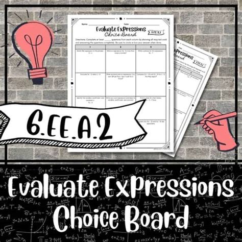 Algebraic Expressions Choice Board Writing Reading And Evaluating Expressions