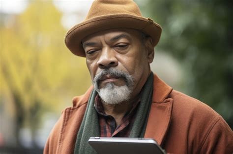 Premium Ai Image Portrait Of A Man Using His Digital Tablet Outside Created With Generative Ai