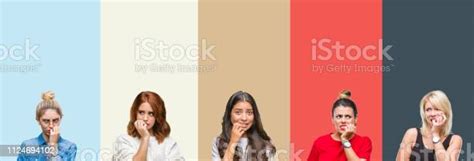 빈티지가을 컬러 고립 된 배경 위에 아름 다운 캐주얼 여자의 그룹의 콜라주 스트레스와 입 물고 손톱에 손으로 긴장 찾고 불안 문제 가을에 대한 스톡 사진 및 기타 이미지