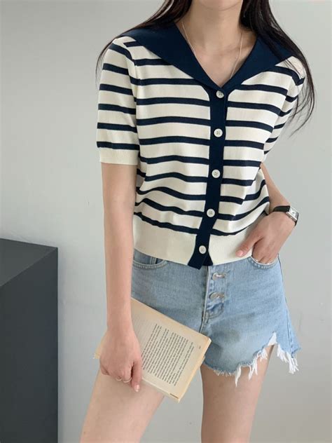 세일러 세라 마린 스트라이프 여름 반팔 가디건