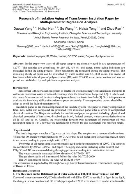 Research Of Insulation Aging Of Transformer Insulation Paper By Multi Parameter Regression