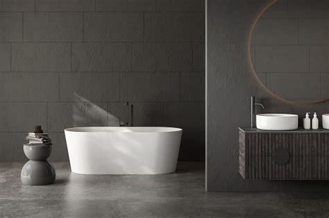 현대 미니멀리스트 욕실 인테리어 현대 욕실 캐비닛 더블 싱크대 어두운 벽 콘크리트 바닥 욕실 액세서리 욕조 3d 렌더링 욕실에 대한 스톡 사진 및 기타 이미지 Istock