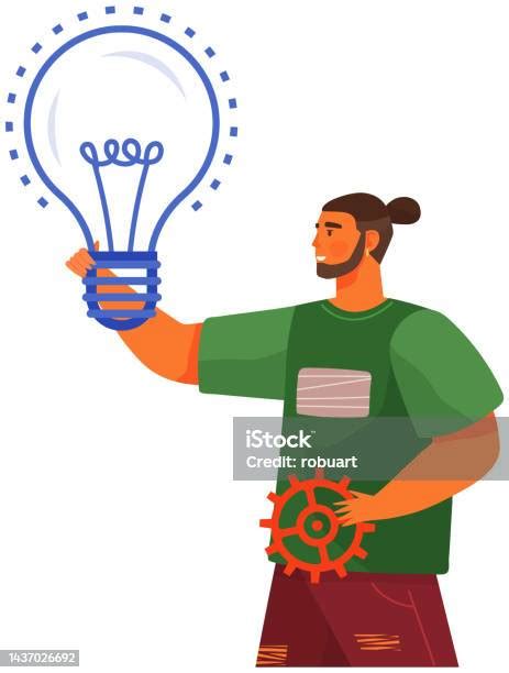 거대한 전구 근처에 장비를 들고 있는 남성 캐릭터 해결책의 생각 아이디어의 개발 개념에 대한 스톡 벡터 아트 및 기타 이미지 개념 계획 기어 기계 부분 Istock