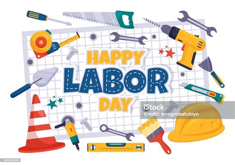 행복한 노동절 벡터 일러스트레이션 노동자를 위한 다양한 건설 도구 평면 만화 손으로 그린 배경 템플릿에 건물 건설 산업에 대한 스톡 벡터 아트 및 기타 이미지 Istock