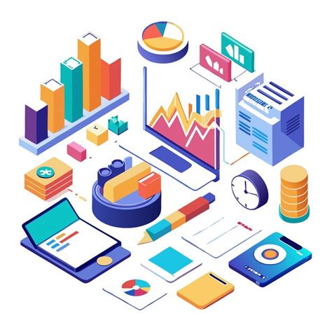 Isometric Illustration Of Business Analytics And Data Analysis With Charts And Graphs On