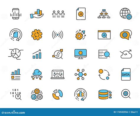 set of linear data processing icons analysis icons in simple design