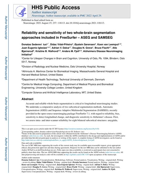 PDF Reliability And Sensitivity Of Two Whole Brain Segmentation Approaches Included In