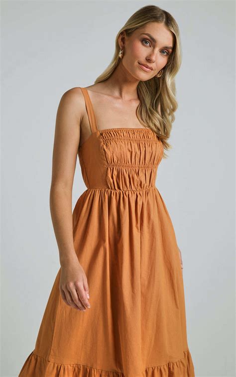 Mauree Maxi Dress Straight Sleveless Tiered Dress In Caramel Showpo