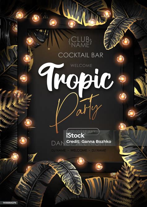 검은 색과 금색 열대 잎과 현대 전기 램프가있는 여름 열대 파티 포스터 자연 개념 여름 배경 벡터 일러스트 레이 션 초대장에 대한 스톡 벡터 아트 및 기타 이미지 Istock
