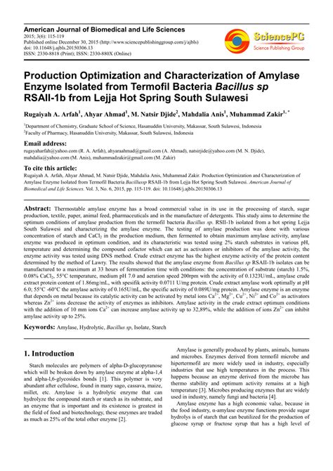 Pdf Production Optimization And Characterization Of Amylase Enzyme
