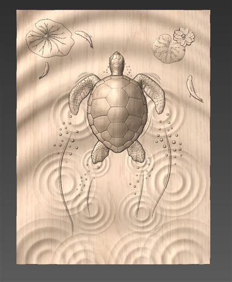 Swimming Sea Turtle And Droplets On A Wavy Board Cnc File For Carving