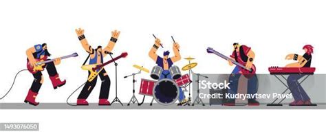 콘서트나 음악 축제에서 공연하는 록 밴드 흰색 배경에 분리된 평면 벡터 그림 Performance Group에 대한 스톡 벡터 아트 및 기타 이미지 Performance