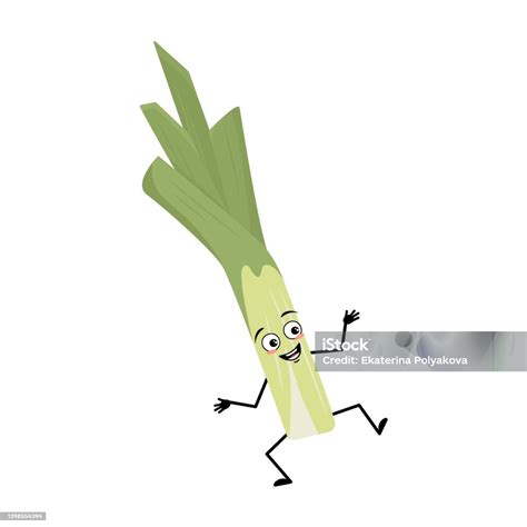 즐거운 감정 행복한 얼굴 미소 눈 팔과 다리를 가진 귀여운 녹색 부추 캐릭터 재미있는 표현과 자세를 가진 건강한 야채 비타민이 풍부합니다 벡터 플랫 일러스트 레이 션 리크에