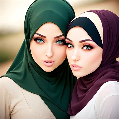 Two Sexy Hijab Babes Model Face Green Eyes Kissing Arthubai