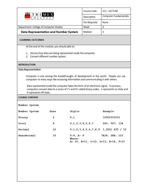 cc1 module 3 data representation and number system pdf decimal computer science