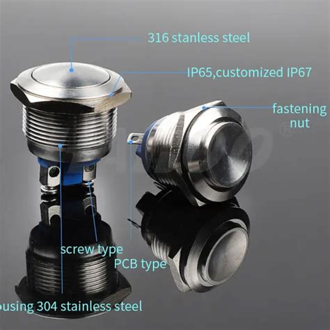 16mm High Head Screw Type Flat Push Button Reset Switch Ip65 Stainless Steel Metal Ball Led