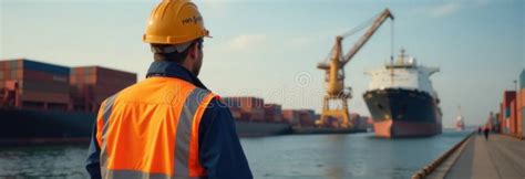 Port Supervisor Overseeing Cargo Ship Docking And Container Handling Operations Stock Image