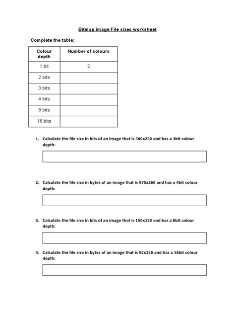 Bitmap Image File Sizes Worksheet Pdf