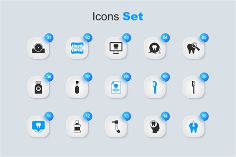 치통 전동 칫솔 틀니 모델 치과 진료소 위치 고장난 칫솔 이비인후과 머리 반사경 및 치과 카드 아이콘이 있는 클립보드를 설정합니다 벡터 건강 진단에 대한 스톡 벡터 아트 및