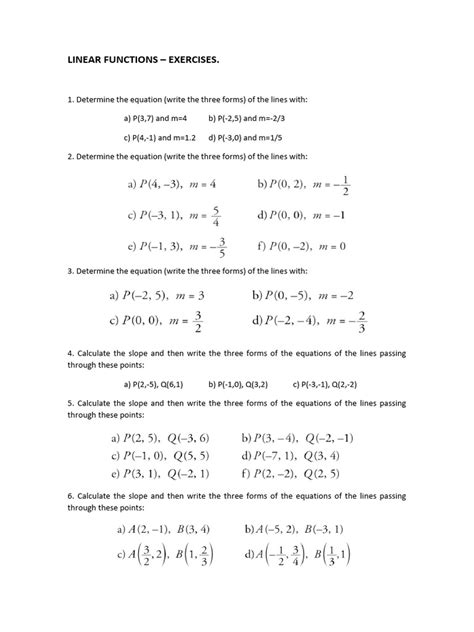Exercises Linear And Quadratic Functions Pdf Equations