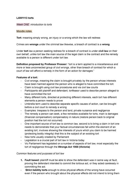 Torts Week 1 Notes For Lecture Law1113 Torts Week One Introduction