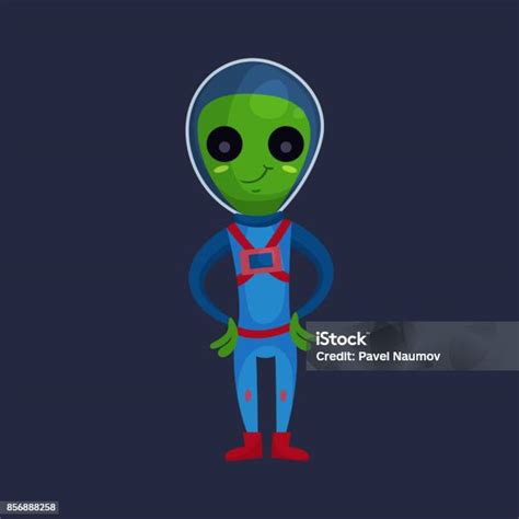 블루 우주 복을 입고 큰 눈을 가진 친절 한 미소 녹색 외계인 외계인 긍정적인 캐릭터 만화 벡터 일러스트 레이 션 귀여운에 대한