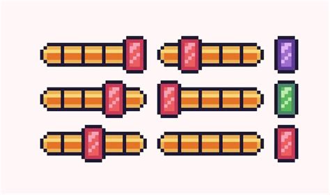 게임 설정 슬라이더 막대 픽셀 아트 세트 패널 및 버튼 컬렉션을 전환합니다 8비트 스프라이트 프리미엄 벡터