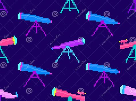 Pixel Telescope Seamless Pattern Telescope On A Tripod In Pixel Art