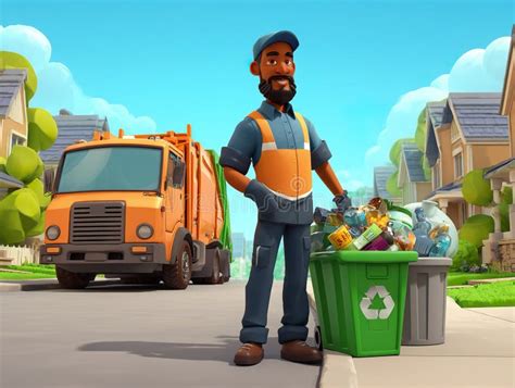 Cartoon Darkskinned Male Refuse Collector With Orange Truck Recycling