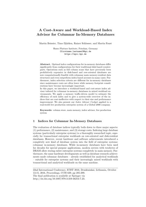 Pdf A Cost Aware And Workload Based Index Advisor For Columnar In Memory Databases