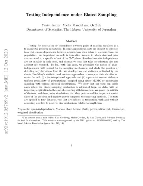 pdf testing independence under biased sampling yaniv tenzer