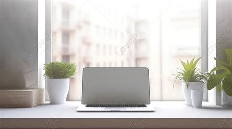 창 보기 및 노트북 컴퓨터 모형을 갖춘 미니멀리즘 흰색 작업 공간의 놀라운 3d 렌더링 작업 3d 배경 놀라 배경 홈 오피스 배경 이미지 Hd 작업 3d 놀라 홈