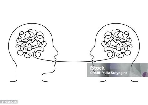 사람들은 말하고 말을하고 혼란스러운 대화를하고 윤곽을 잡습니다 창의적 사고 두뇌 심리 치료 의사 소통 대화 두 사람 대화 말하기 벡터 선 토론에 대한 스톡 벡터 아트 및