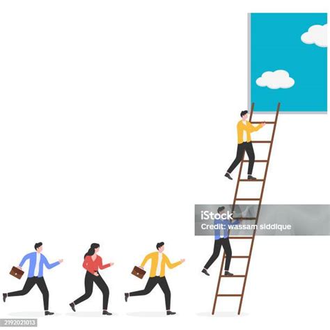 푸른 하늘 자유와 성공 개념으로 문에 사다리를 오르는 평평한 사업가 3차원 형태에 대한 스톡 벡터 아트 및 기타 이미지 3차원 형태 개념 개념과 주제 Istock
