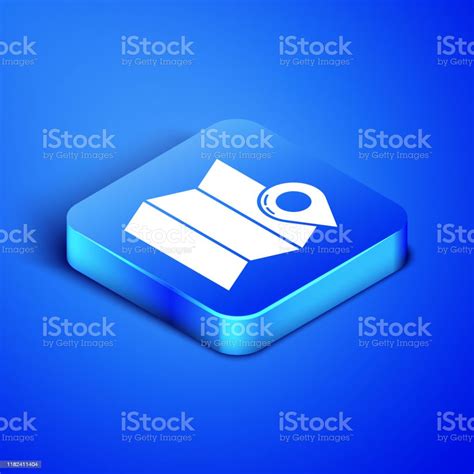 파란색 배경에 격리 된 위치 마커 아이콘이있는 등각 칭색 접힌지도 파란색 사각형 버튼입니다 벡터 일러스트레이션 거리에 대한 스톡