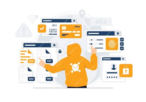 피싱 및 사이버 범죄자가 보안을 깨고 정보 데이터 개념 그림을 훔치는 해커 프리미엄 벡터