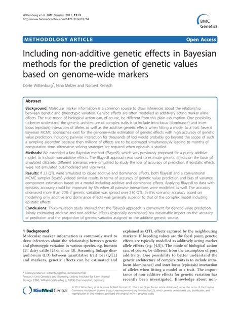 Pdf Including Non Additive Genetic Effects In Bayesian Methods For The Prediction Of Genetic