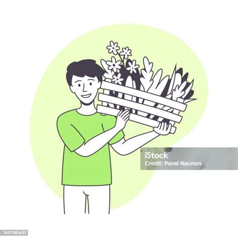 농업 작업을 하는 식물과 함께 나무 상자를 들고 있는 남자 농부 캐릭터 벡터 일러스트 레이 션 개념에 대한 스톡 벡터 아트 및 기타 이미지 Istock