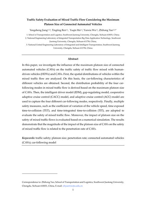 Pdf Traffic Safety Evaluation Of Mixed Traffic Flow Considering The