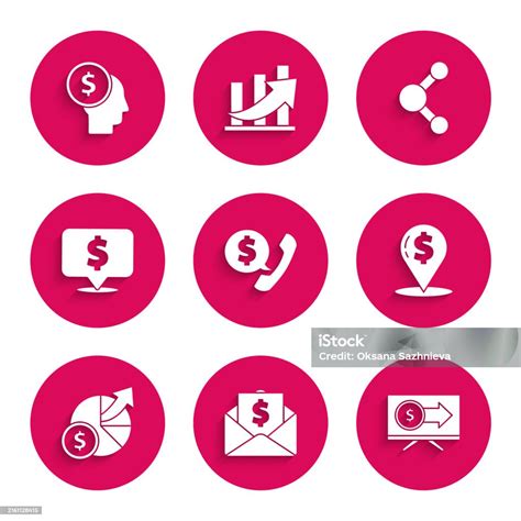 전화 핸드셋 및 말풍선 채팅 동전 달러가 있는 봉투 모니터 현금 위치 핀 돈 다이어그램 그래프 연설 공유 및 사업가 계획 마음 아이콘을 설정합니다 벡터 Brand Name