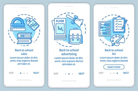 학교로 돌아 모바일 앱 페이지 화면 벡터 템플릿온보딩 선형 일러스트레이션을 사용하여 학습 연습 웹 사이트 단계로 돌아갑니다 Ux Ui Gui 스마트폰 인터페이스 개념 교육