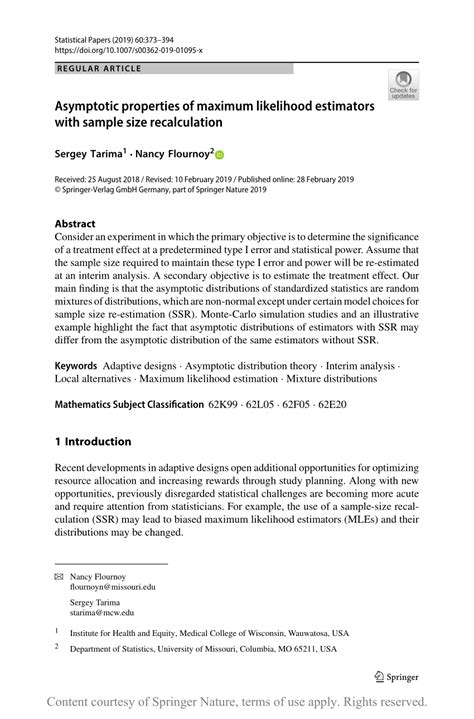 Asymptotic Properties Of Maximum Likelihood Estimators With Sample Size Recalculation Request Pdf