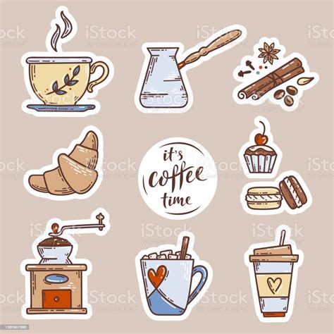 커피 스티커 세트 문자로 설정 벡터 스케치 그림 U2019s 커피 시간 커피 컵 세즈브 향신료 커피 분쇄기 크루아상 및 기타