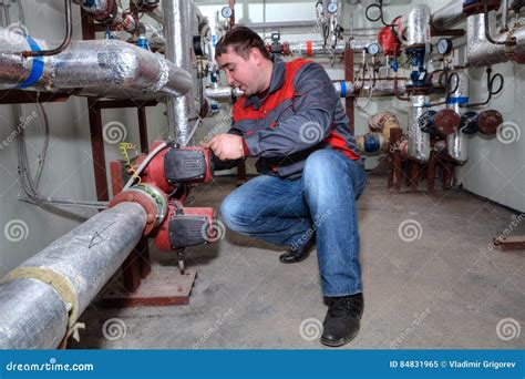 Plumber Installing Heating System Boiler Room Editorial Image Image Of Building Industry