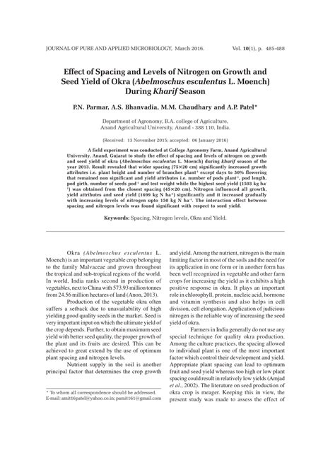 Pdf Effect Of Spacing And Levels Of Nitrogen On Growth And Seed Yield Of Okra Abelmoschus
