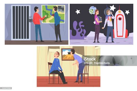 탈출 방 인테리어 세트 보물을 추구하고 퍼즐 벡터 일러스트를 해결하려고 사람들과 현실 탐구 가공의 인물에 대한 스톡 벡터 아트 및 기타 이미지 Istock