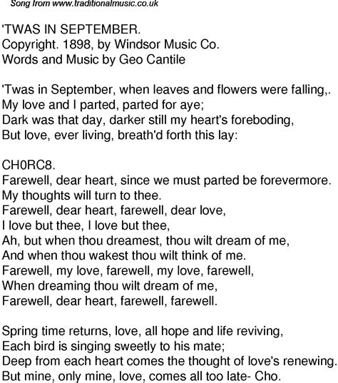 Old Time Song Lyrics For 61 Twas In September