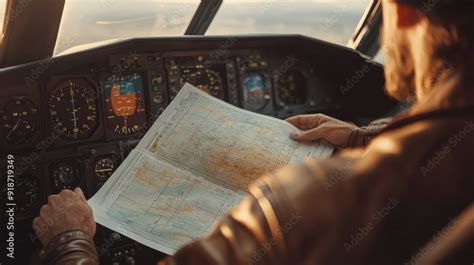 A Flight Captain And Co Pilot Reviewing Flight Plans Together In The Cockpit With Charts Maps